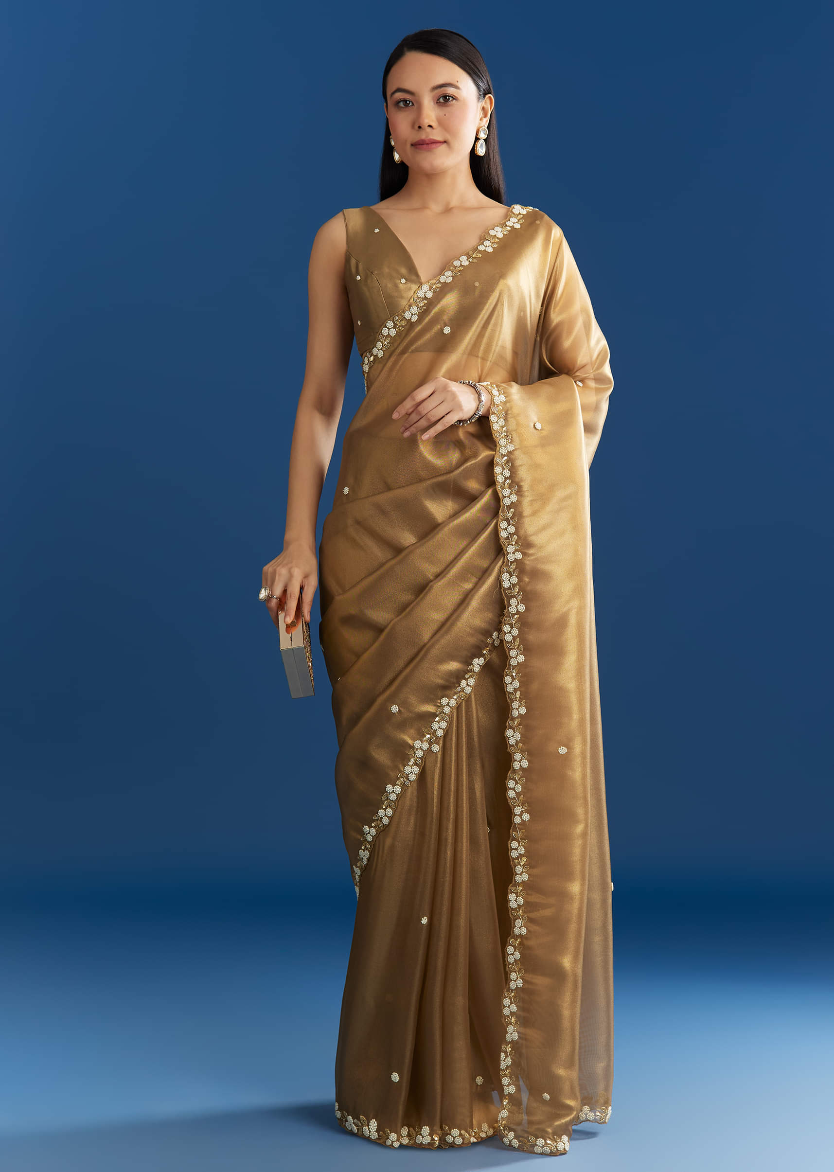 Buy Copper Brown Organza Tissue Saree With Beaded Border| KALKI Fashion ...
