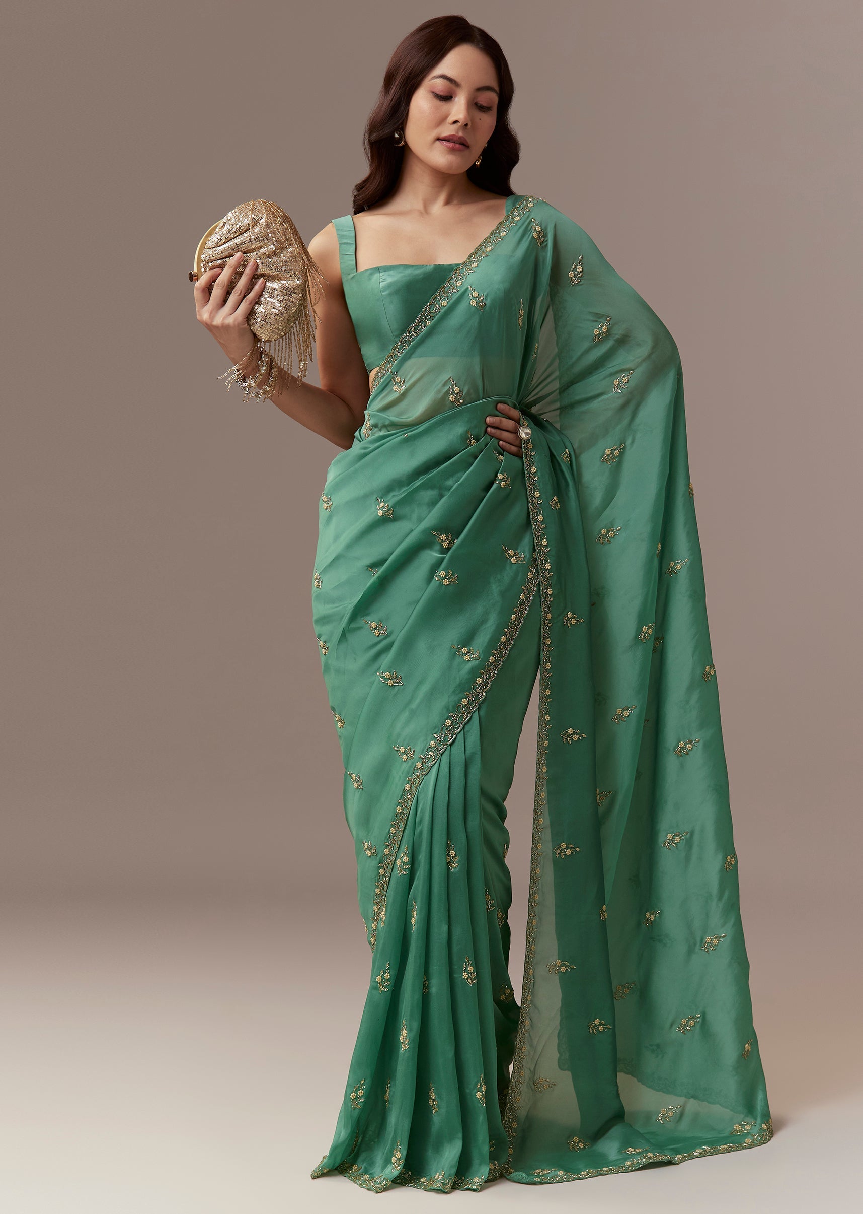 Buy Green Kora Silk Saree With Cutdana Beads And Stone Embroidery ...