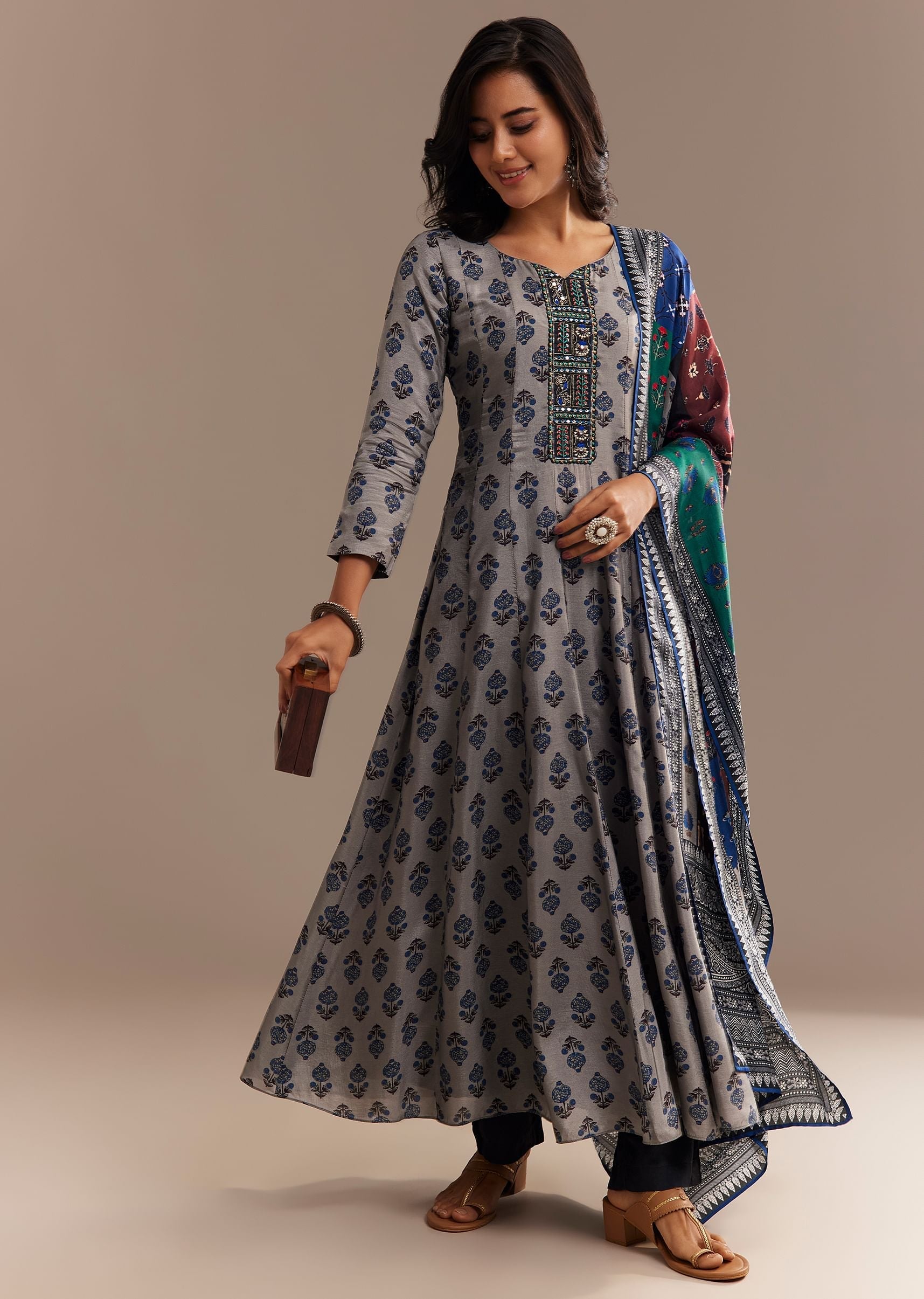 Grey Roman Silk Printed Anarkali Set| KALKI Fashion Global