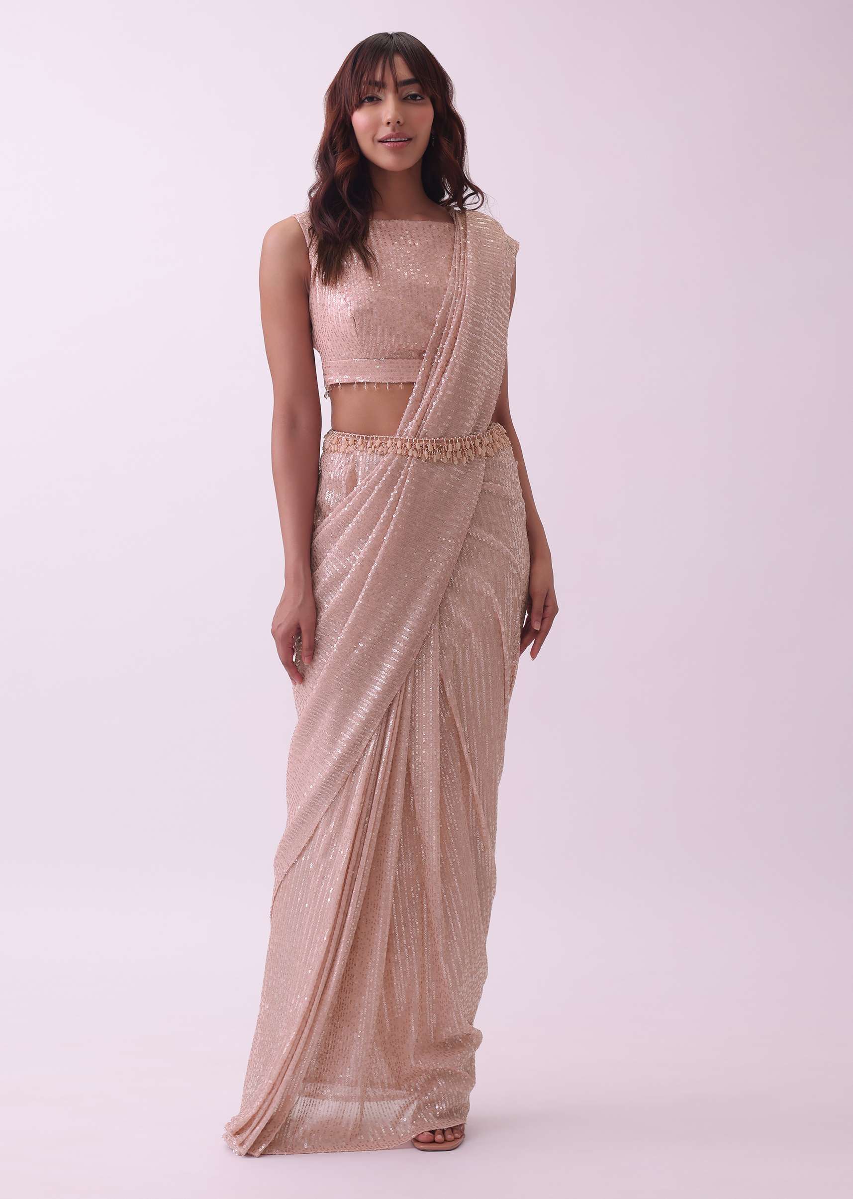 Off-White Saree And Stitched Blouse With Hanging Crystals| KALKI ...