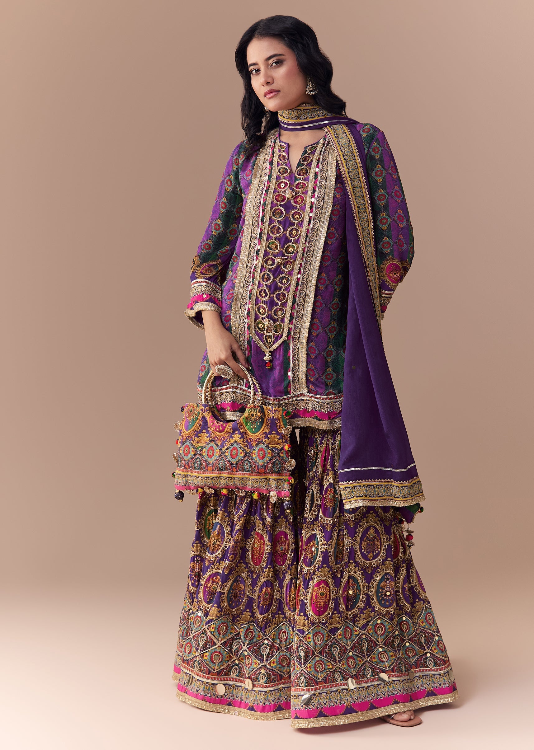 Buy Purple Indie Print Kurta Sharara Set with Handbag | KALKI Fashion ...